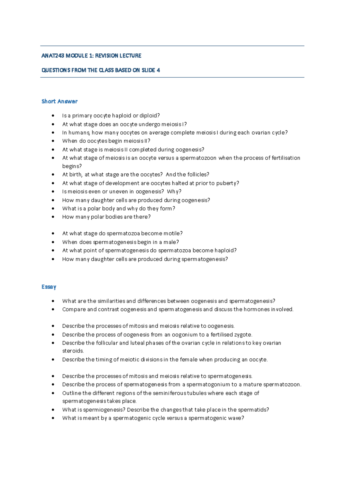 ANAT243 Revision Lecture - questions from the class - ANAT 243 MODULE 1 ...