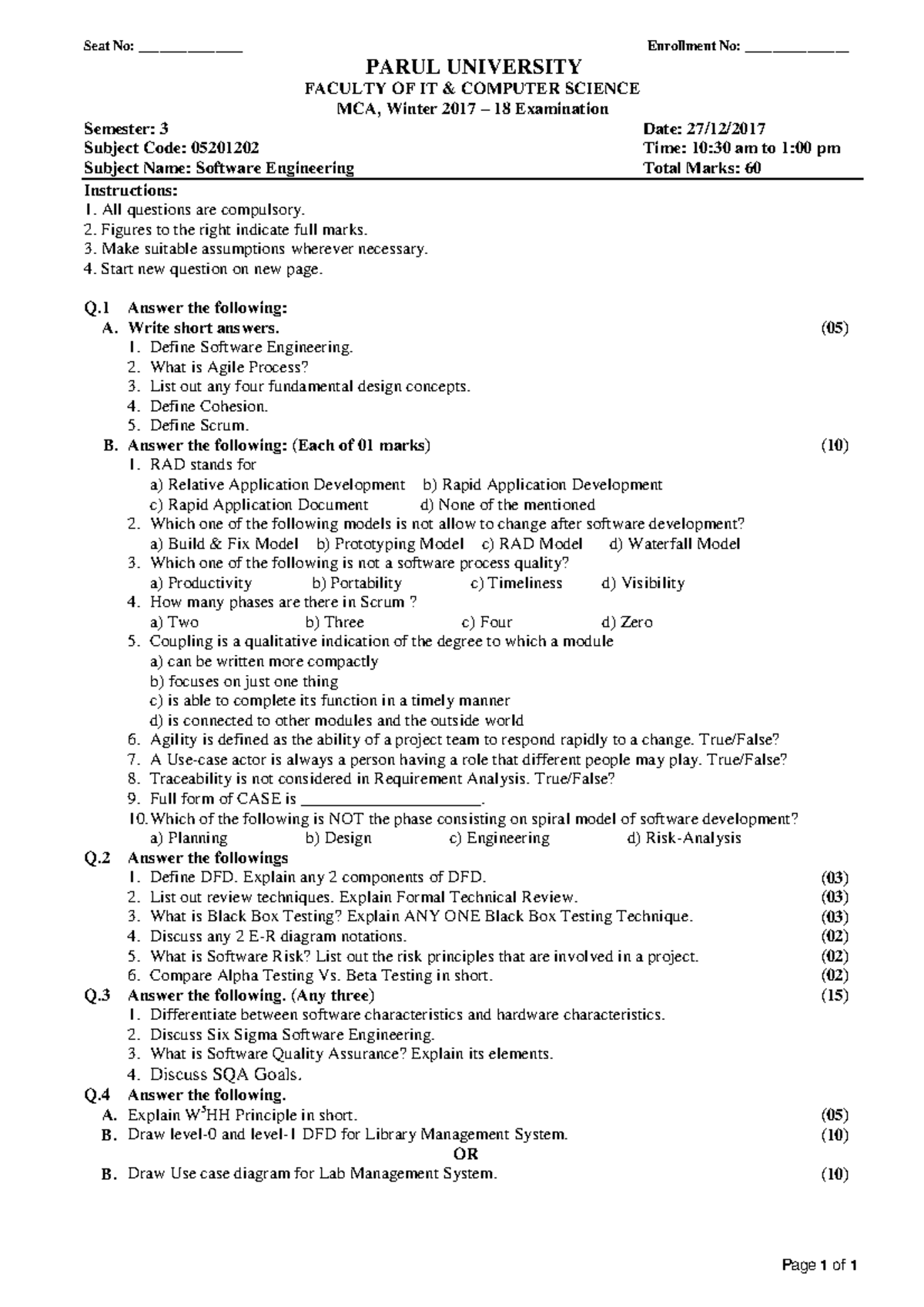 SE Old QP (2017 ) - software engineering assignments - Page 1 of 1 Seat ...