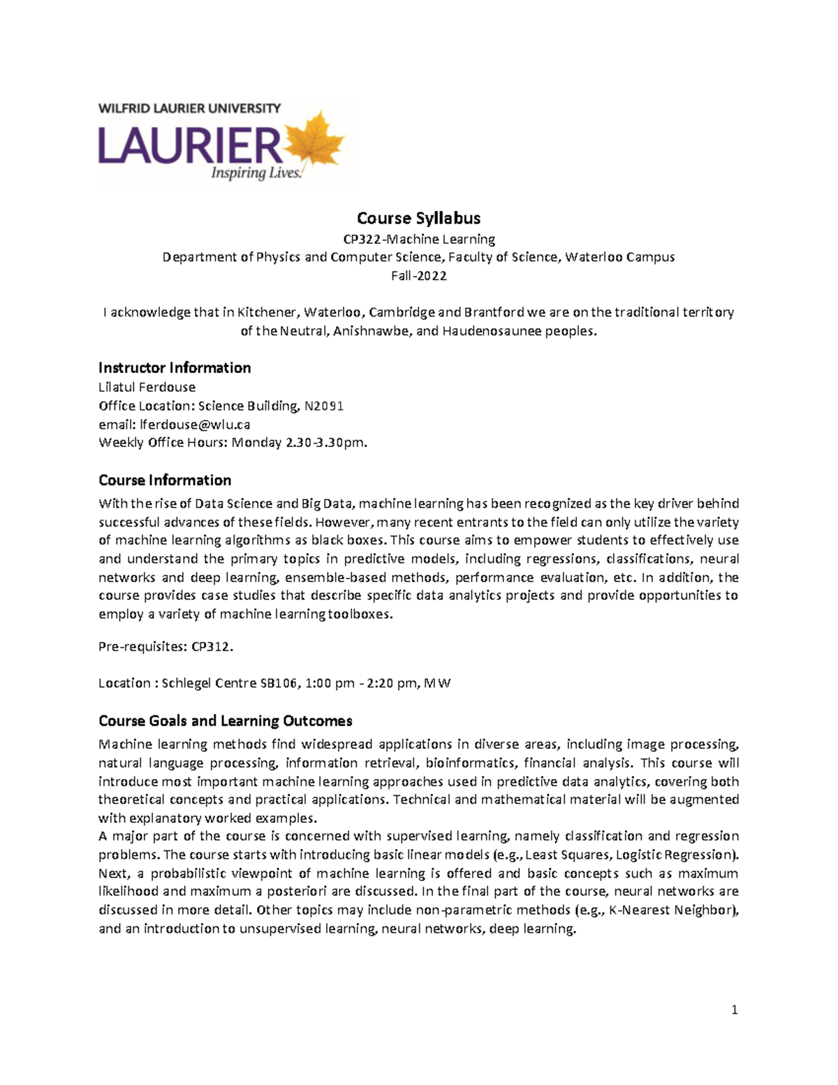 CP322 syllabus Fall2022 lilatul ferdouse 1 - Course Syllabus CP322-Machine Learning Department ...