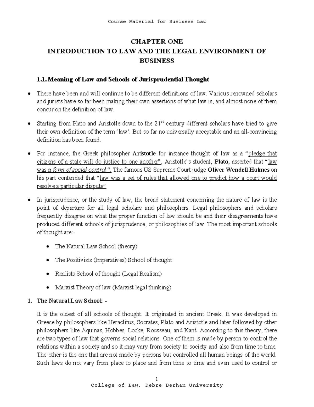 Business Law Teaching Material - 1 CHAPTER ONE INTRODUCTION TO LAW AND ...