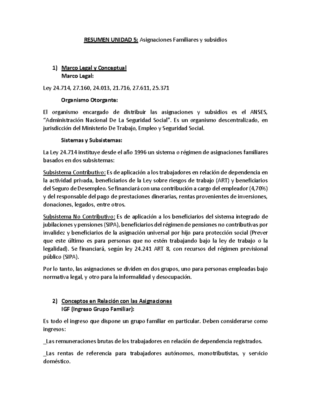 Resumen Unidad 5 - kmnl - RESUMEN UNIDAD 5: Asignaciones Familiares y ...