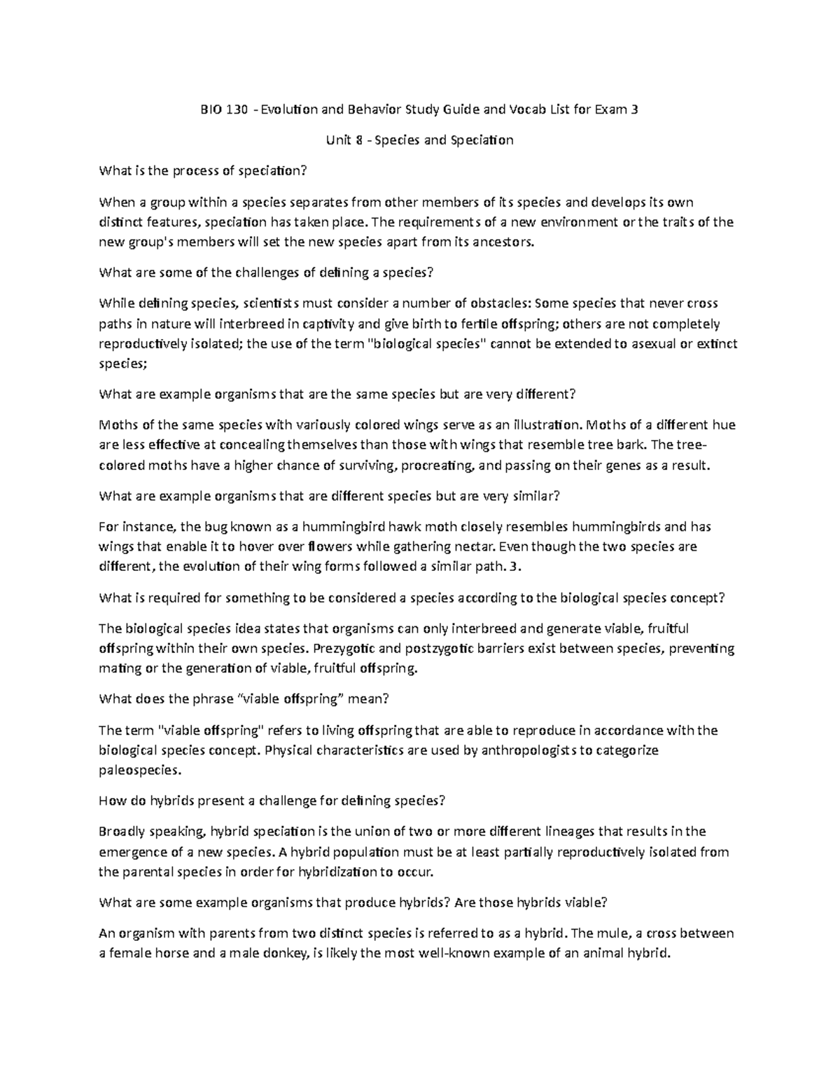 BIO 130 study guide unit 8 - BIO 130 - Evolution and Behavior Study ...