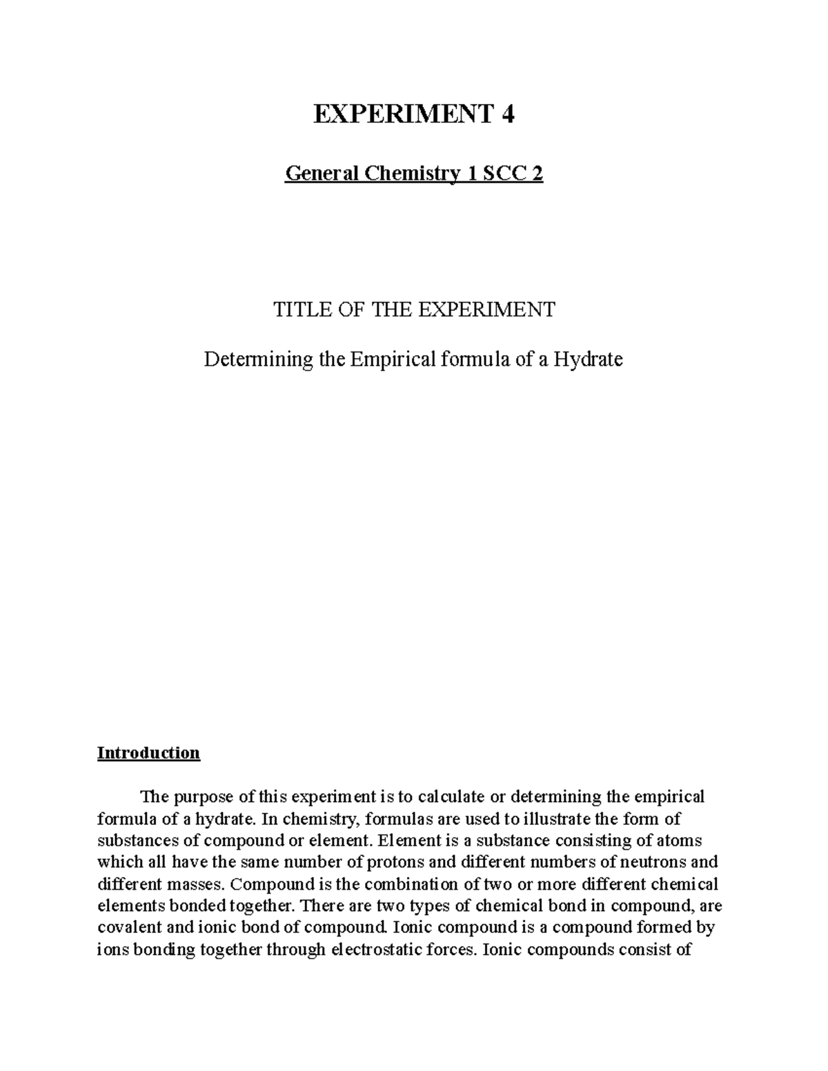 Experiment 4 - Lab Reort - EXPERIMENT 4 General Chemistry 1 SCC 2 TITLE ...
