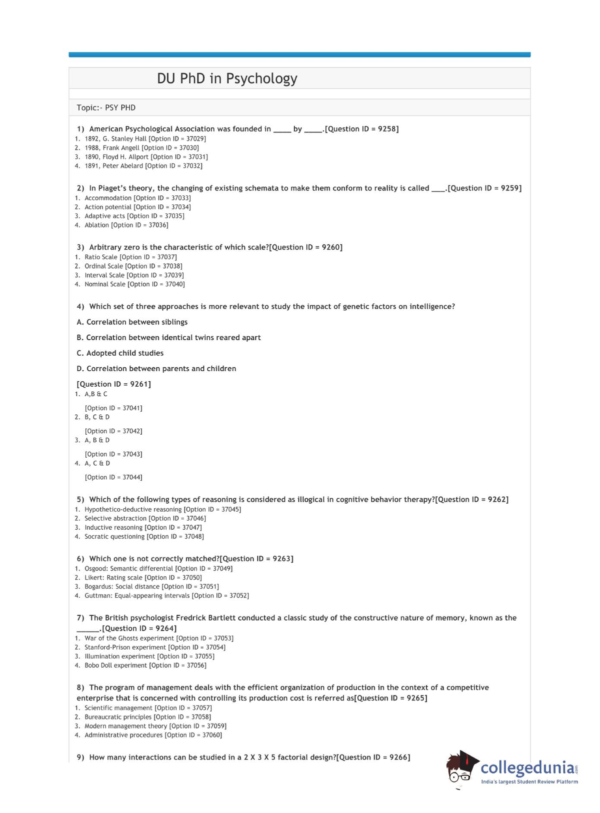 Question paper phd - DU PhD in Psychology PSY PHD 1) American ...