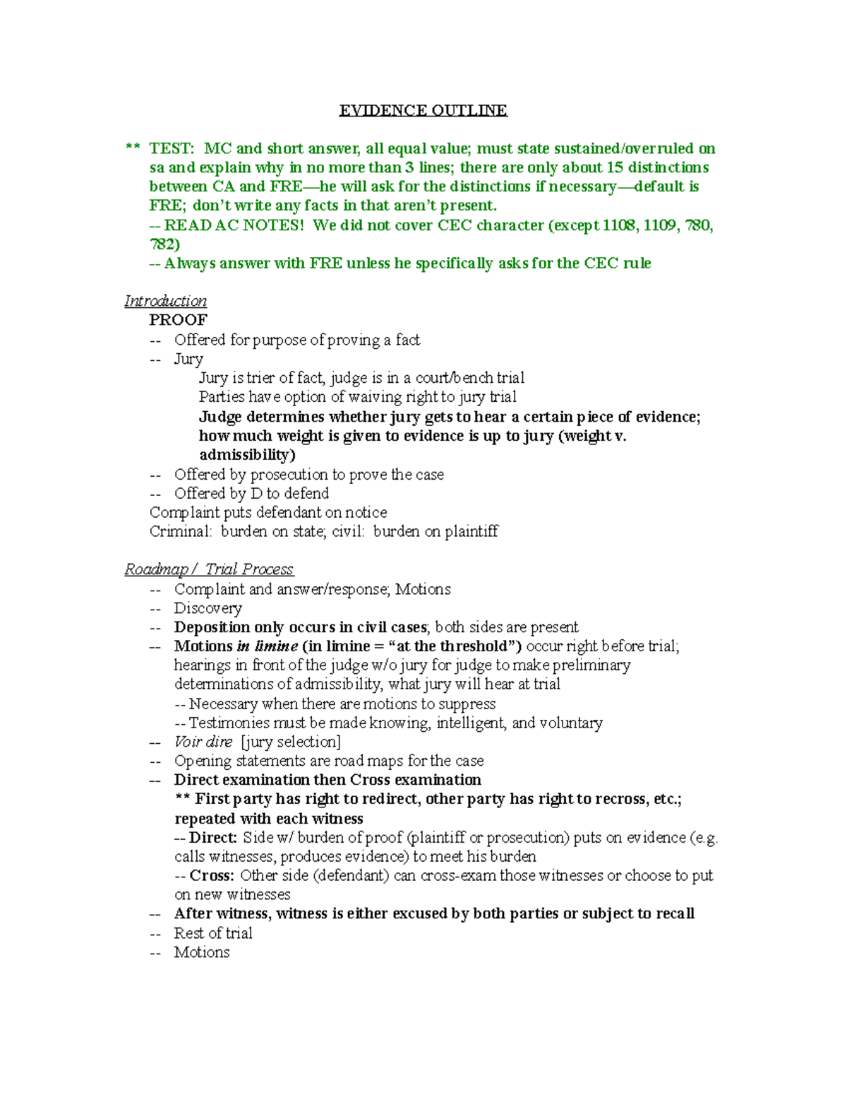 Evidence Outline.Gillingham - EVIDENCE OUTLINE **** TEST: MC and short ...