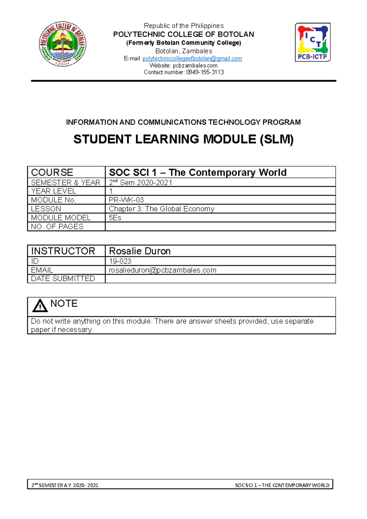 SOC SCI 1 - WK 3 - SOCIAL SCIENCE MODULE 1 - Republic of the Philippines POLYTECHNIC COLLEGE OF ...