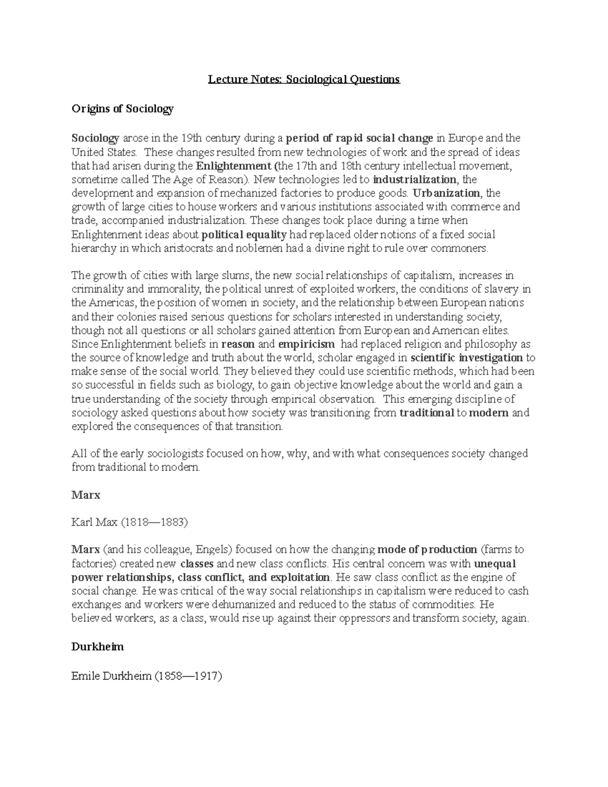 Sociological Questions - Lecture Notes: Sociological Questions Origins ...