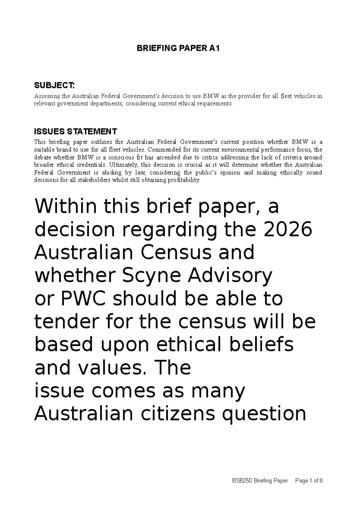 BSB250 A1 - BRIEFING PAPER A SUBJECT: Assessing the Australian Federal ...