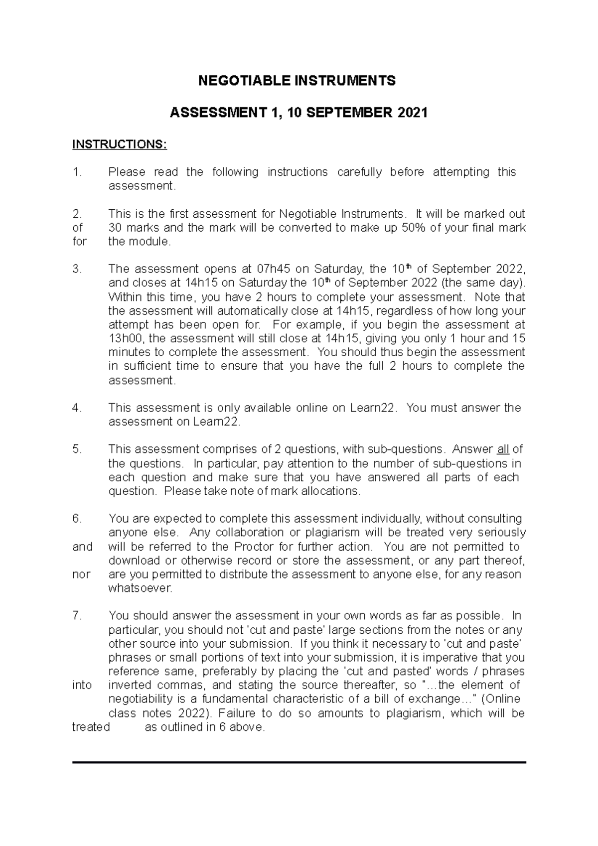 NEG INST Sample QU 4 - 2023 - NEGOTIABLE INSTRUMENTS ASSESSMENT 1, 10 ...