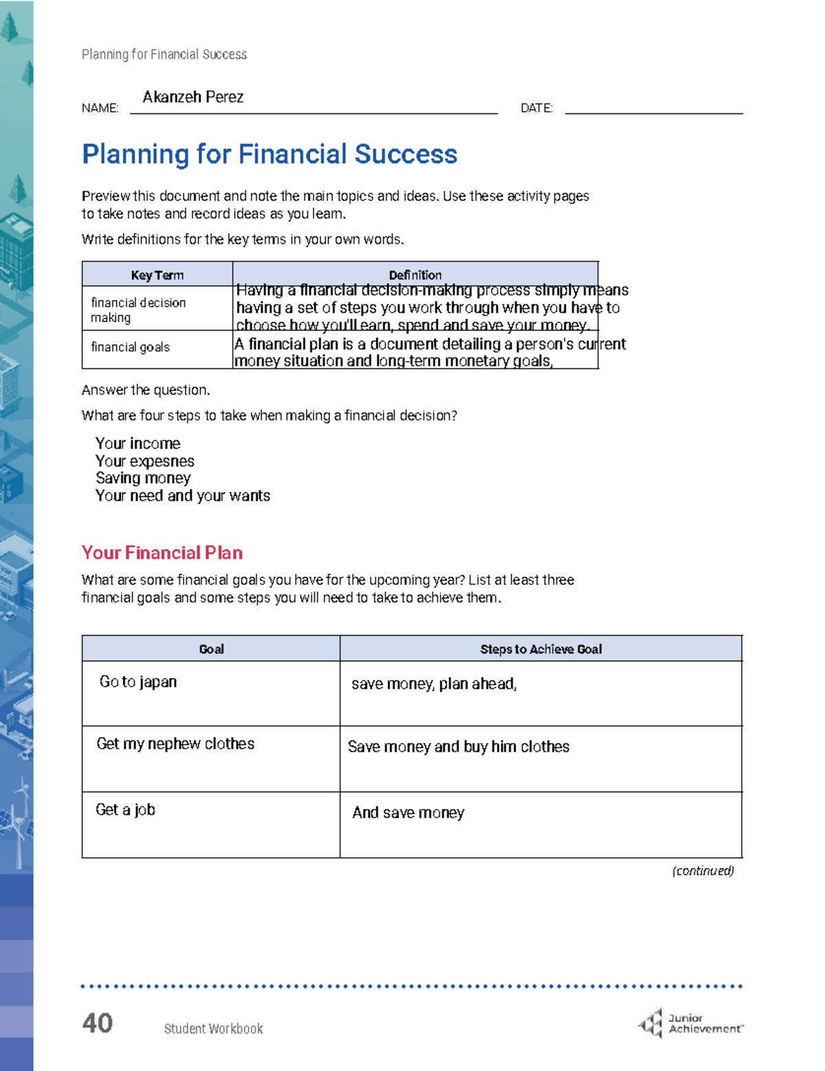 Planning Financial Sucess - 40 Student Workbook Planning for Financial Success NAME: DATE ...