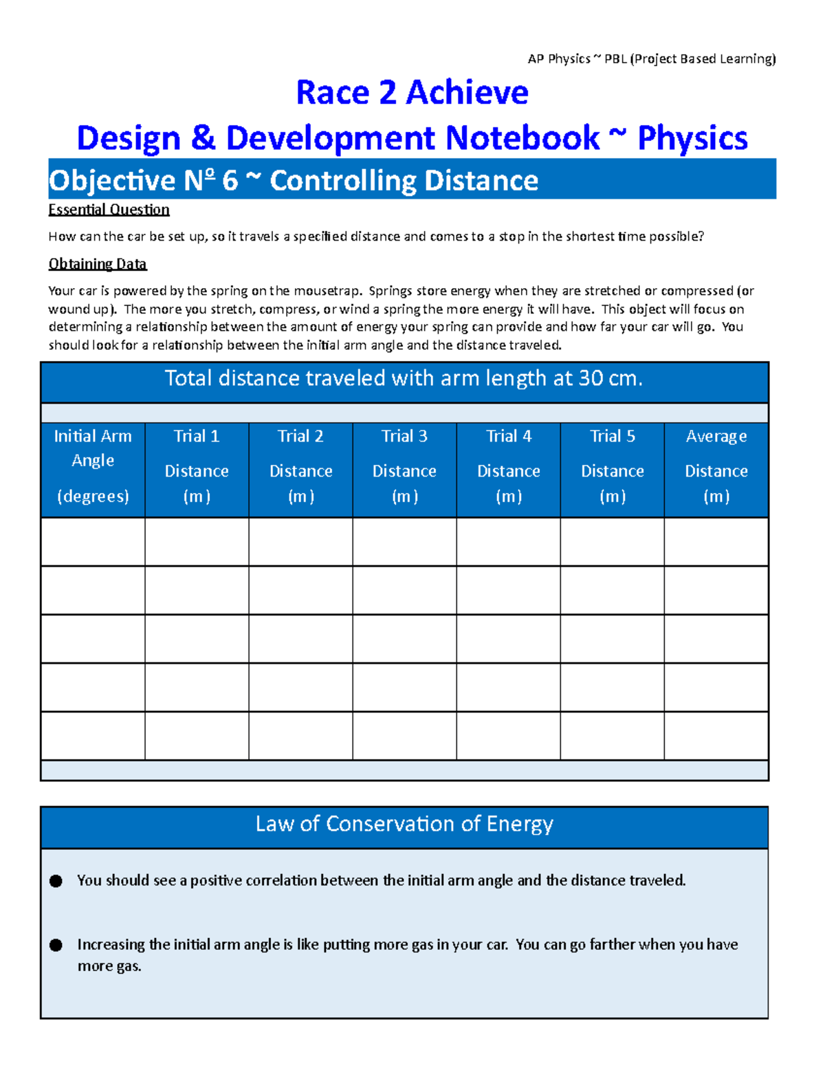 22-23 Race 2 Achieve Physics Notebook - 6 Controlling Distance 2 - AP ...