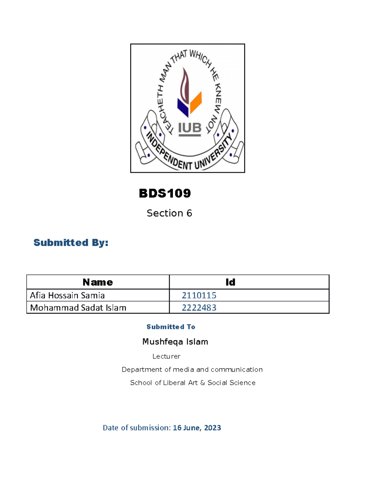 Bds 109 - assignment on book and movie - Bangladesh Through Lenses - IUB - Studocu