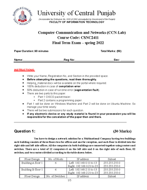 Assignment 02 CCN S 2022 - UNIVERSITY OF CENTRAL PUNJAB (Faculty of IT) Computer Communications ...
