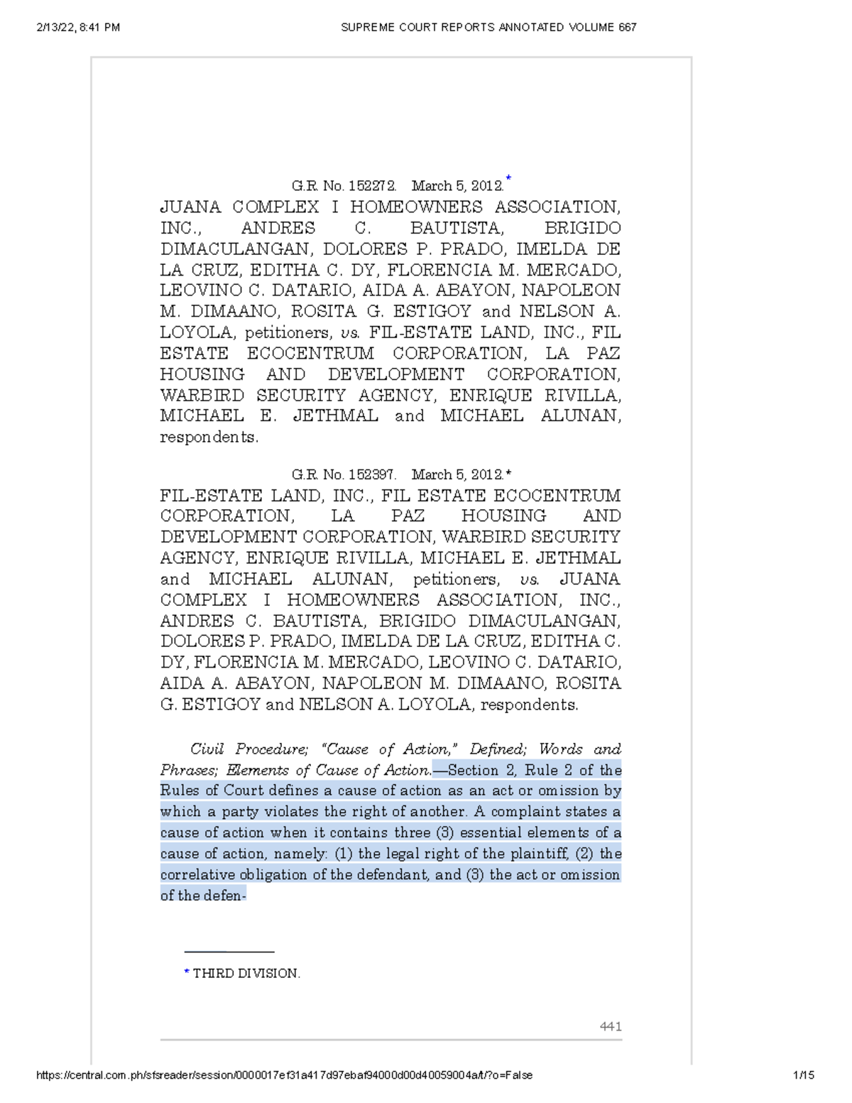3. Juana Complex vs Fil Estate, GR 152272 - G. No. 152272. March 5 ...
