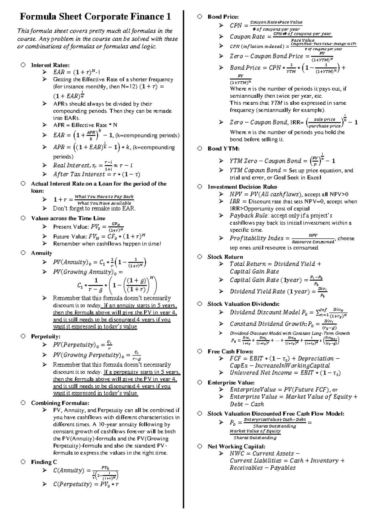 Formula Sheet CF1 2024 May - Formula Sheet Corporate Finance 1 This ...
