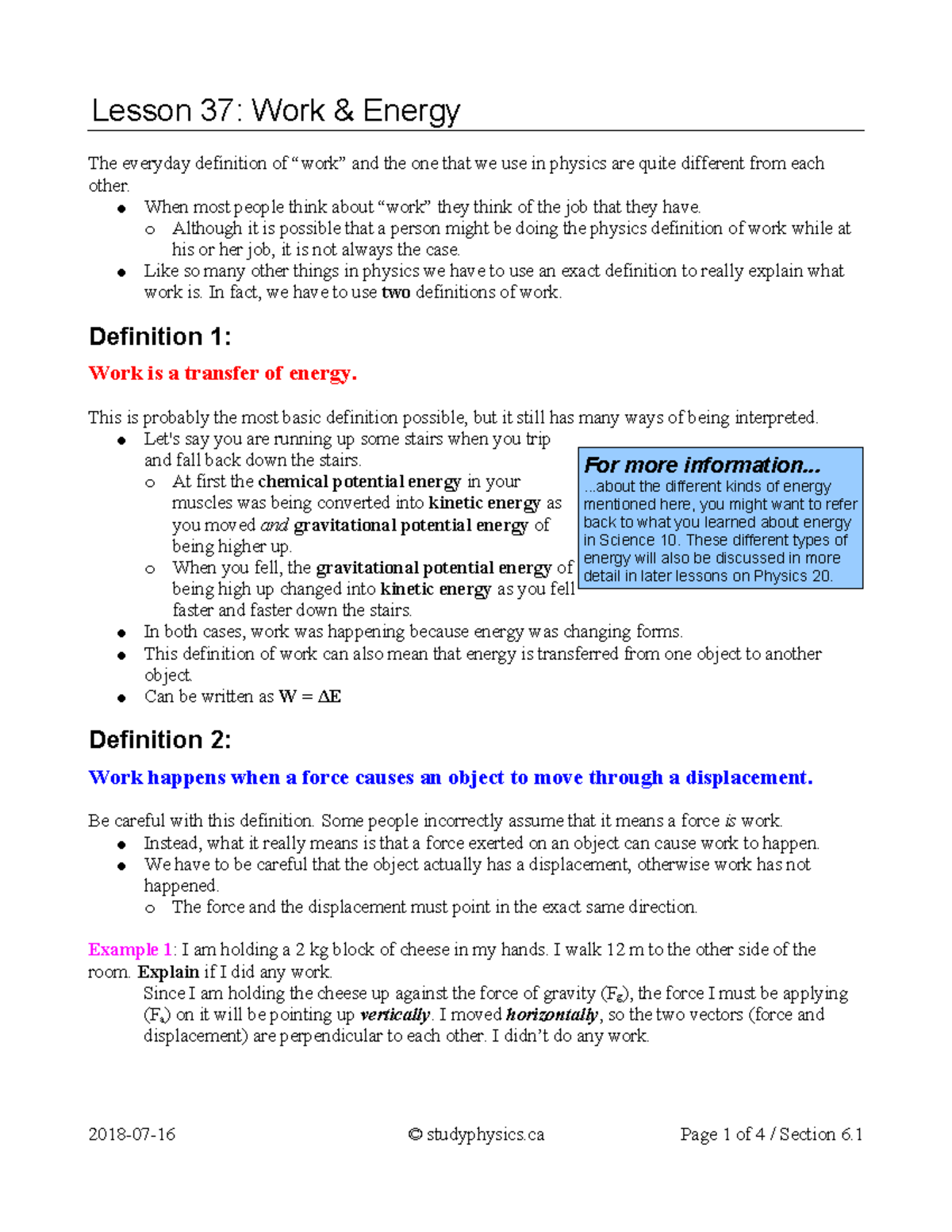 12 - work & energy - Lesson 37: Work & Energy The everyday definition ...