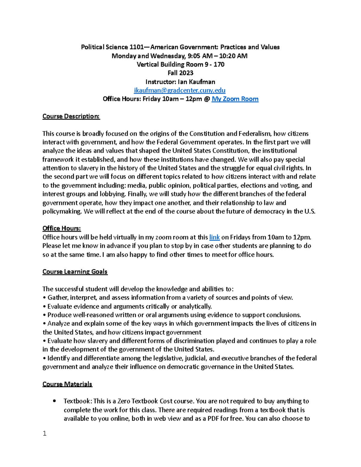 POL 1101 Syllabus (MW) - 123 - Political Science 1101—American ...