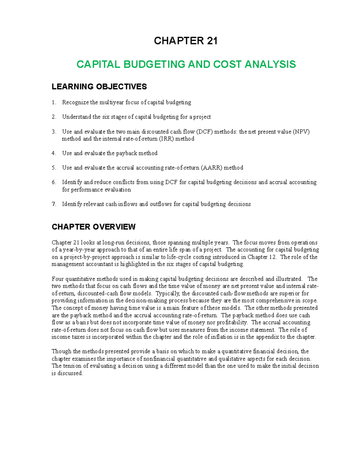 Ch21 Capital Budgeting and Cost Analysis - CHAPTER 21 CAPITAL BUDGETING ...