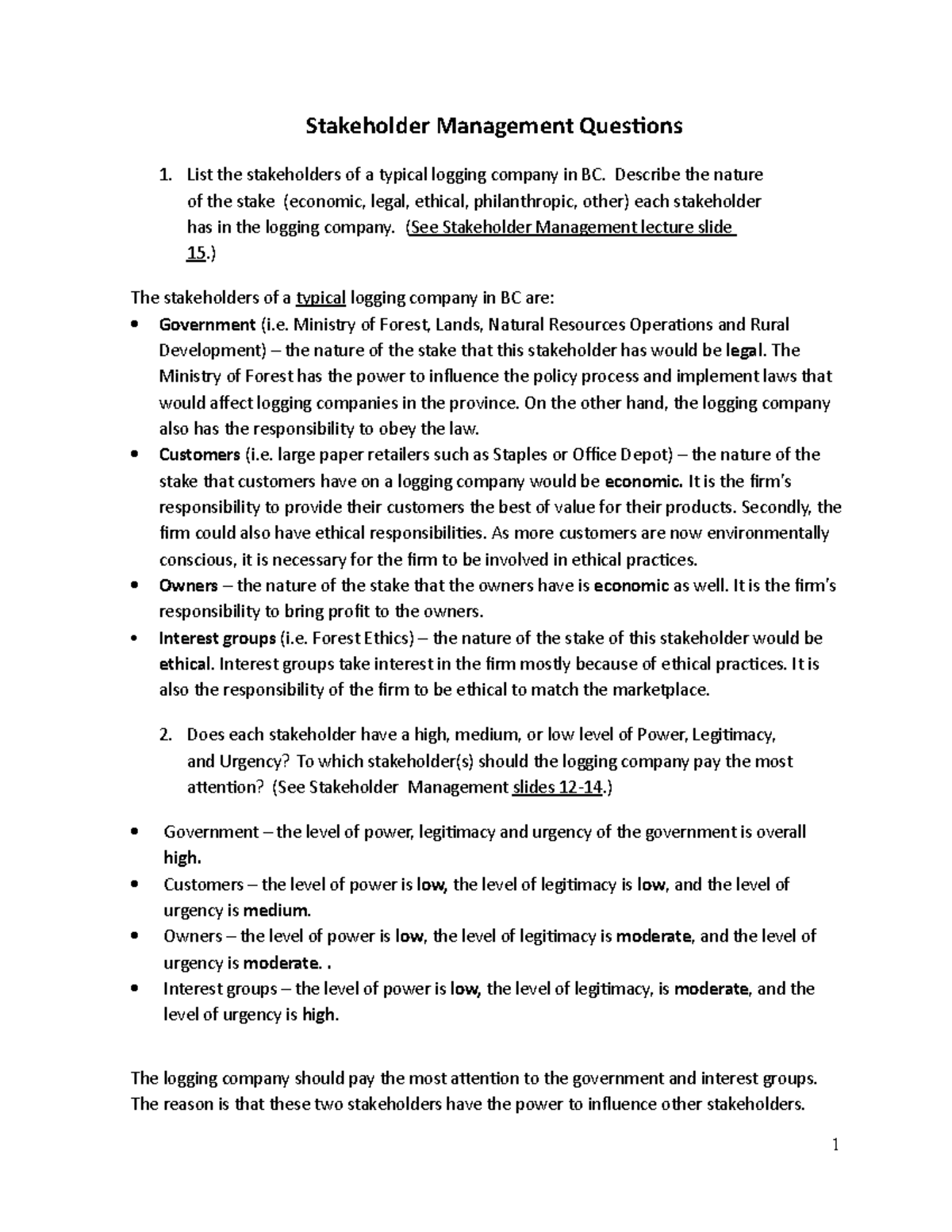 Stakeholder Assignment - Stakeholder Management Questions List the ...