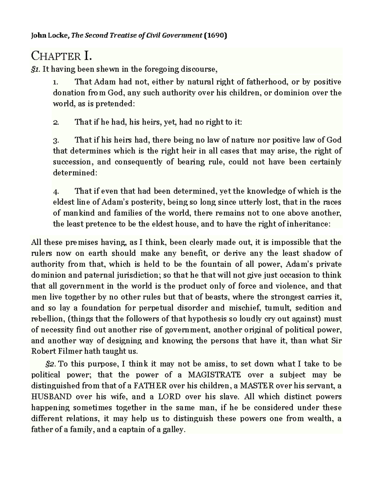 John Locke Second Treatise chaps-1 - John Locke, The Second Treatise of ...