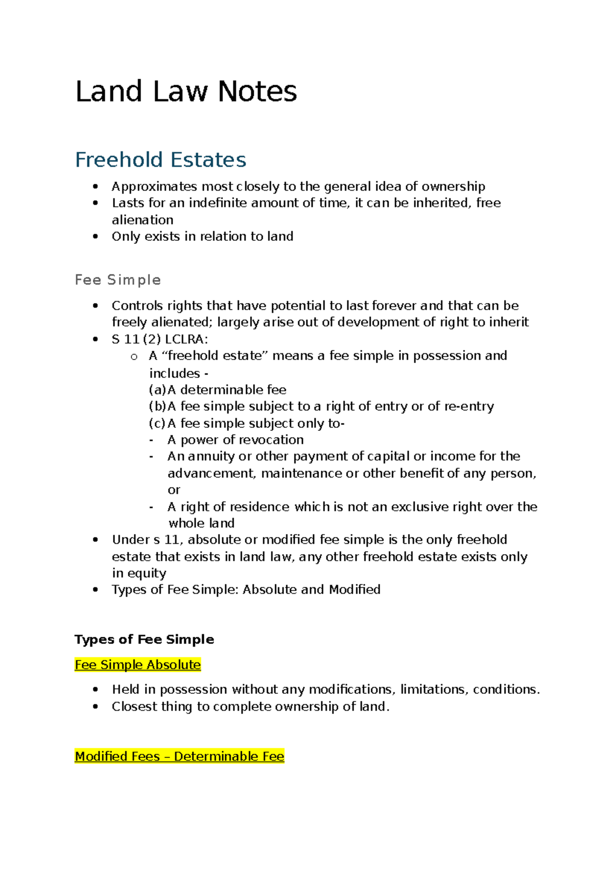 Land Law Notes - Land Law Notes Freehold Estates Approximates most ...