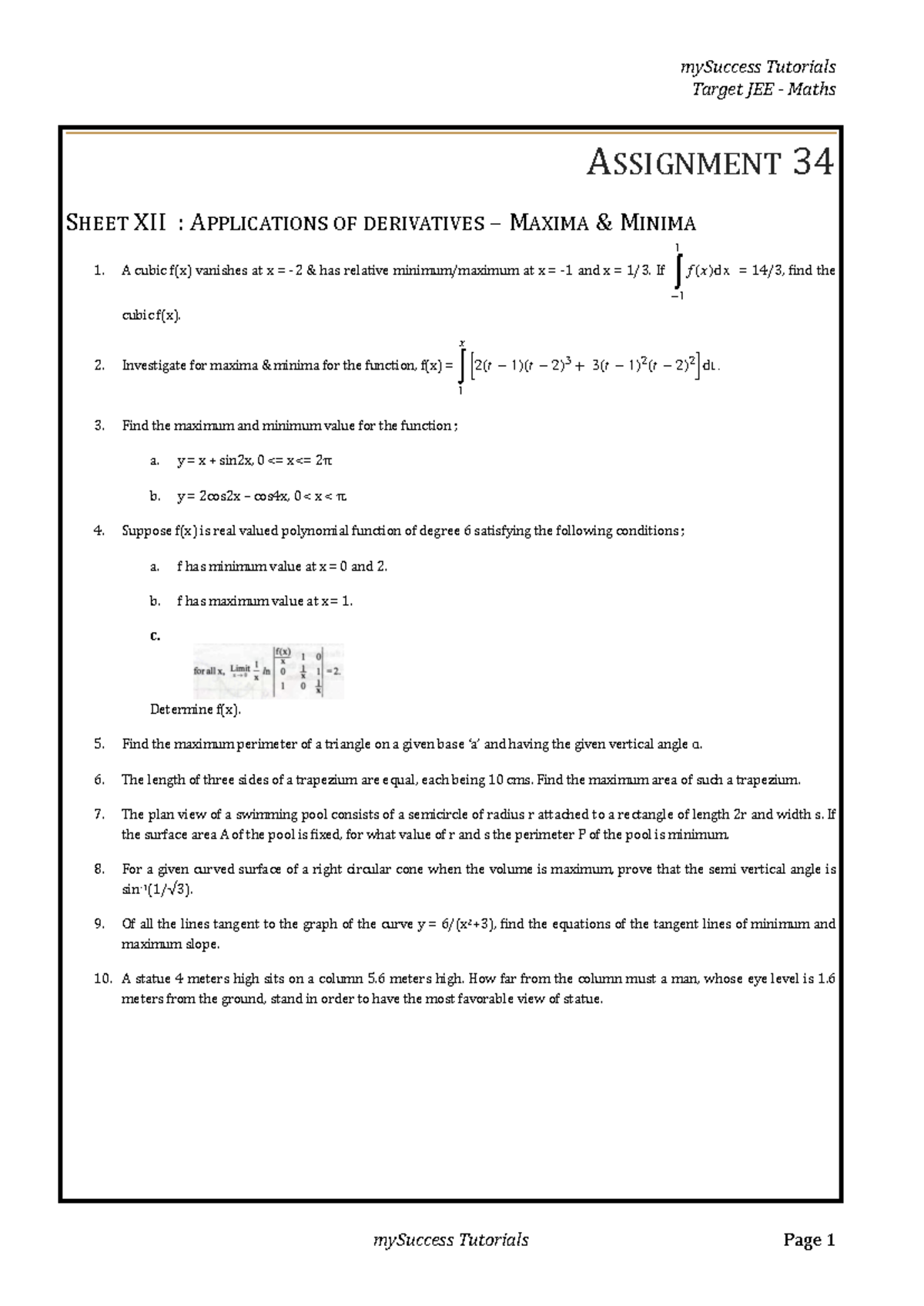 Blank-51 hcdfkfjfjf - mySuccess Tutorials Target JEE - Maths A SSIGNMENT 34 S HEET XII : A - Studocu