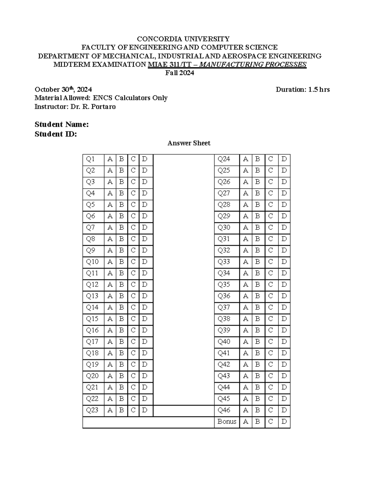 MIAE-311 Midterm - CONCORDIA UNIVERSITY FACULTY OF ENGINEERING AND ...