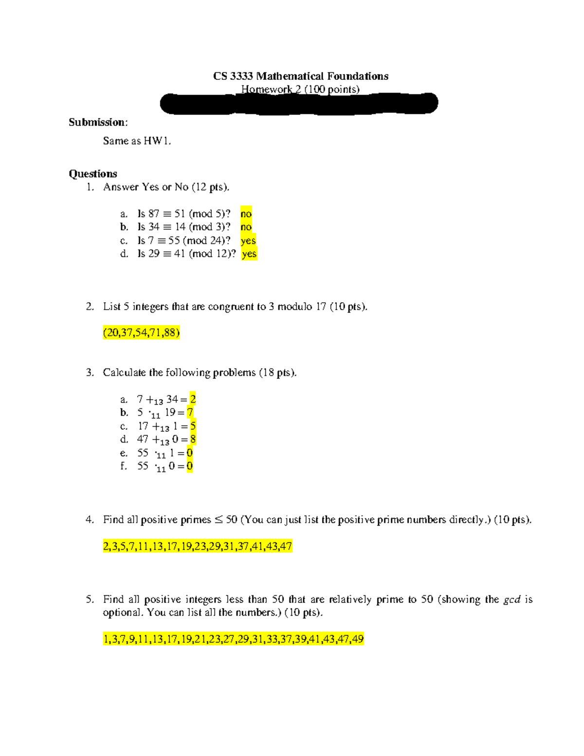 CS 3333 Math Found HW2 Modular Arithmetic and Primes GCD LCM - CS 3333 ...