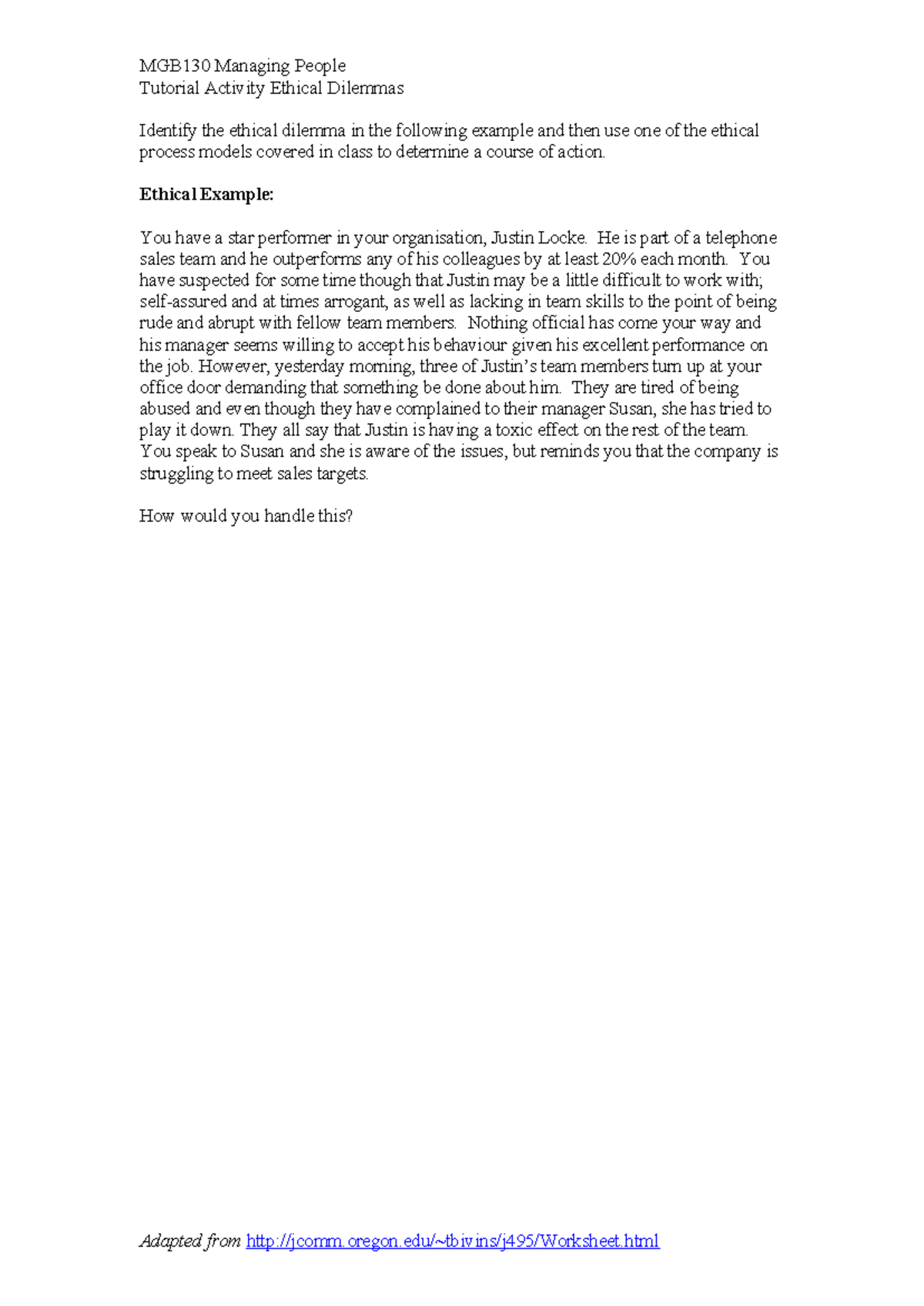 MGB130 Tutorial 11 Ethics case study worksheet Student COPY - MGB130 ...