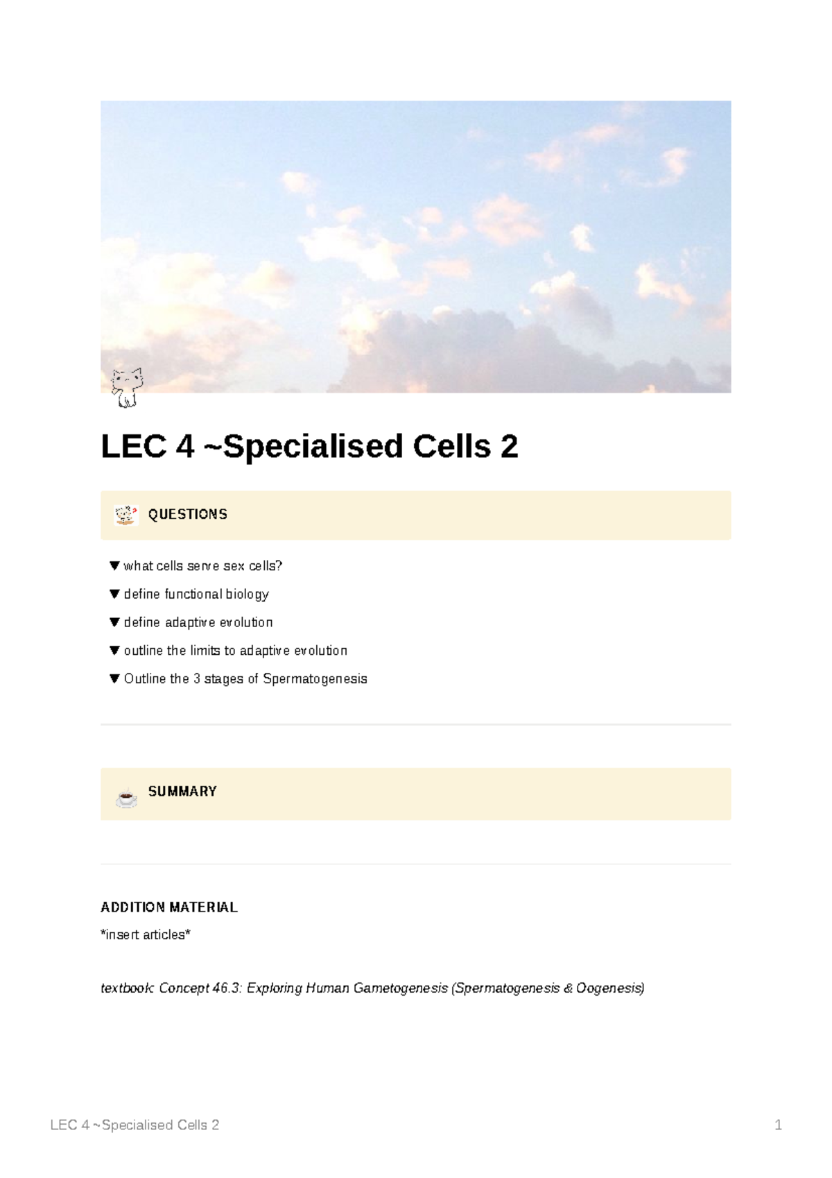 BIOS1101 LECTURE 4 NOTES ON Specialised Cells 2 - LEC 4 ~Specialised ...