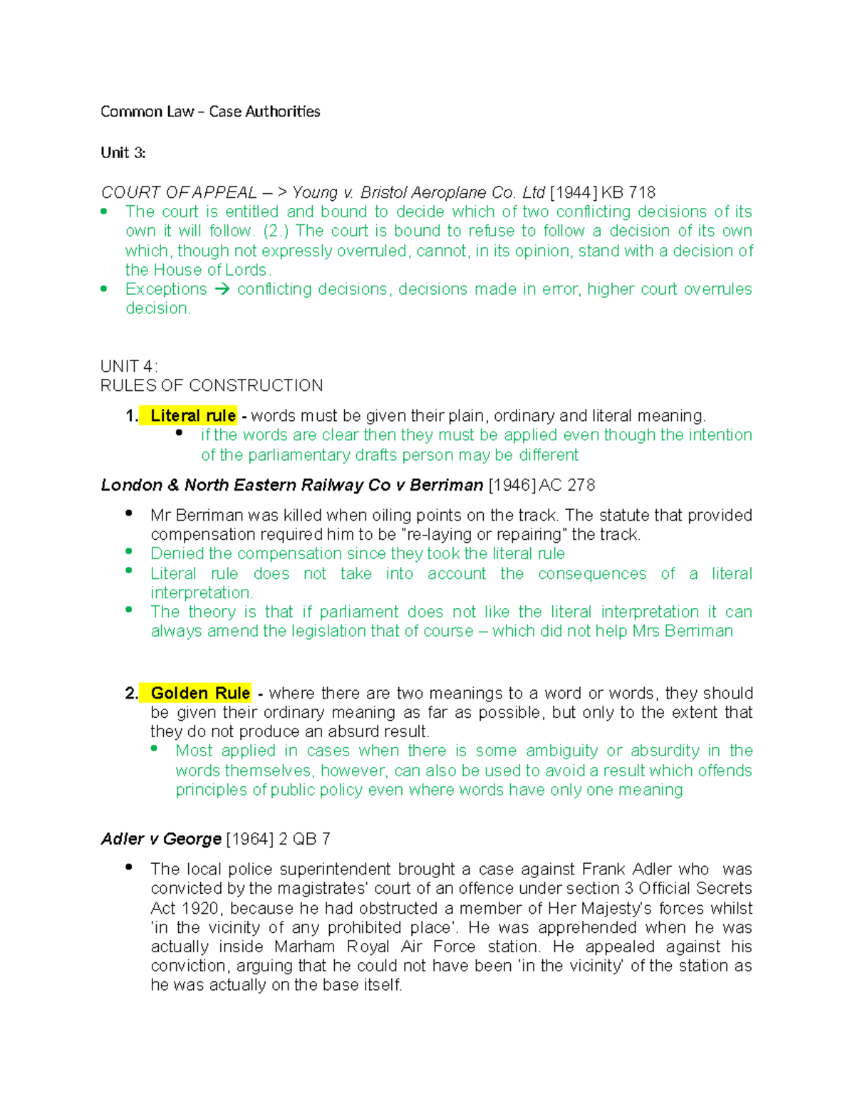 Common Law Case Authorities - Common Law – Case Authorities Unit 3 ...