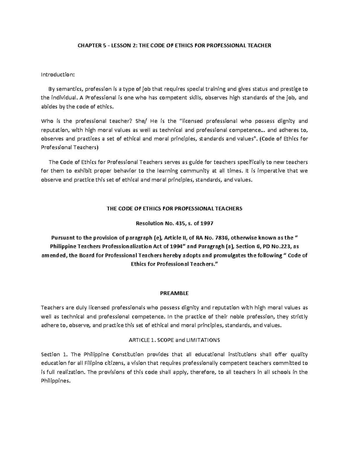 Chapter-5 Lesson-2 - Lecture notes - CHAPTER 5 - LESSON 2: THE CODE OF ...