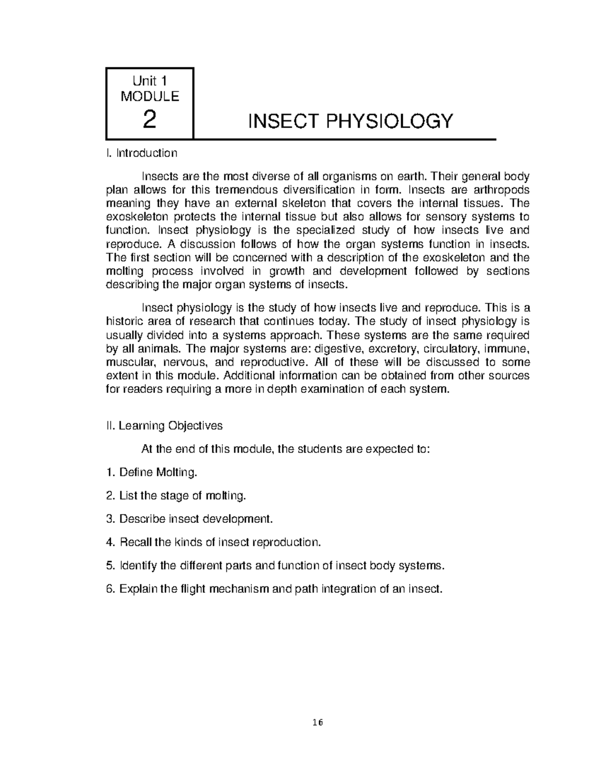 02 - Thank you - Unit 1 MODULE 2 INSECT PHYSIOLOGY I. Introduction ...