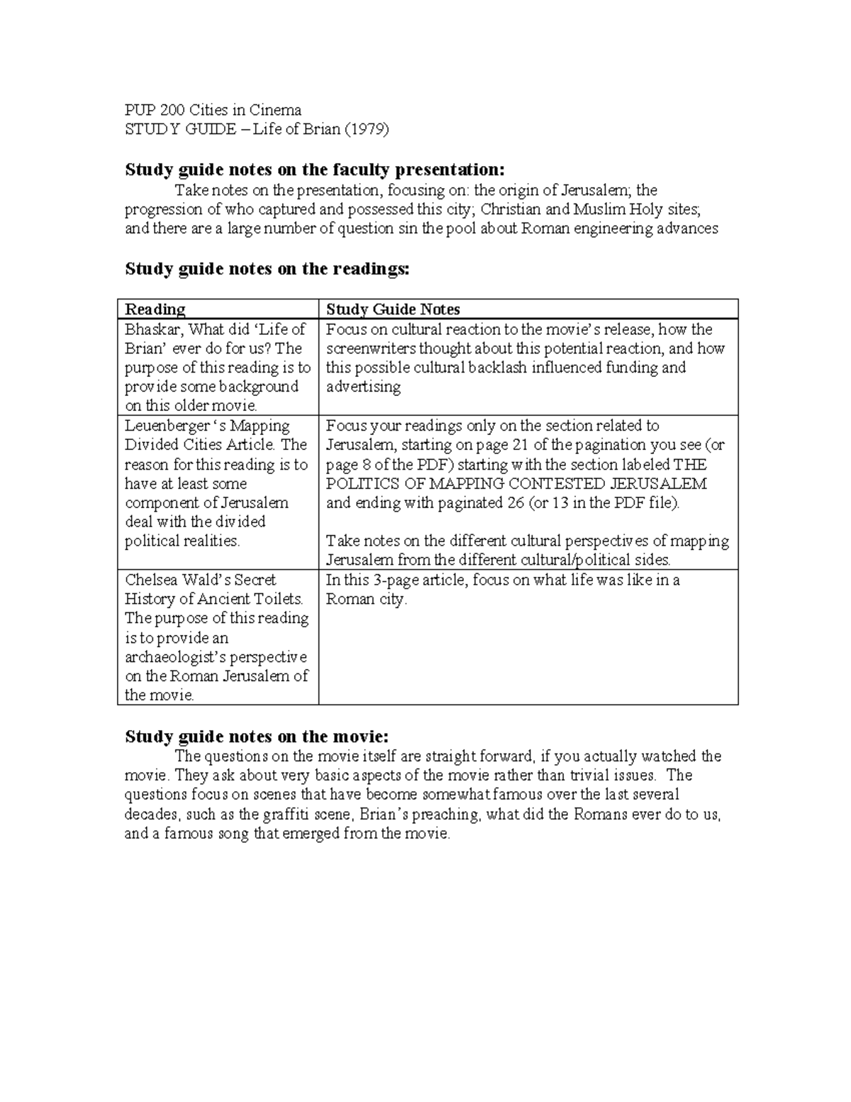 Study Guide Lifeof Brian - PUP 200 Cities in Cinema STUDY GUIDE – Life ...