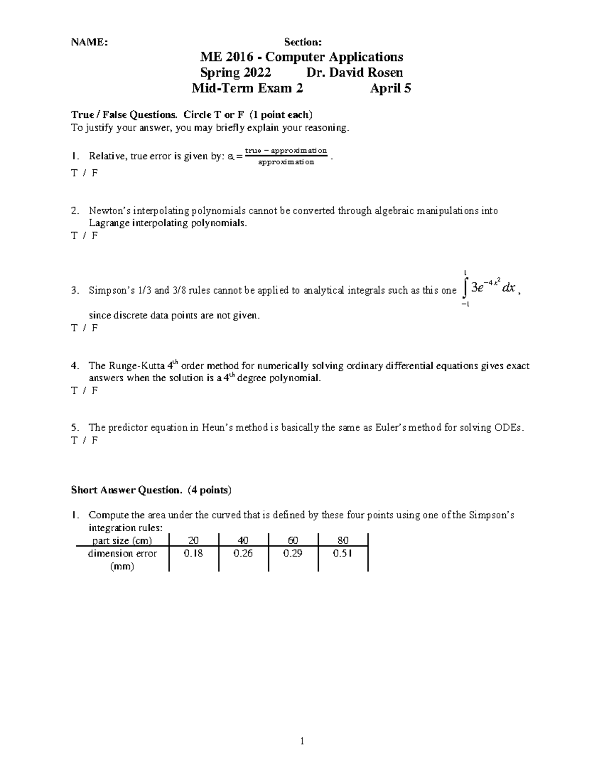 ME2016 Mid Exam 2 Sp22 - Practice Tests - NAME: Section: ME 2016 ...