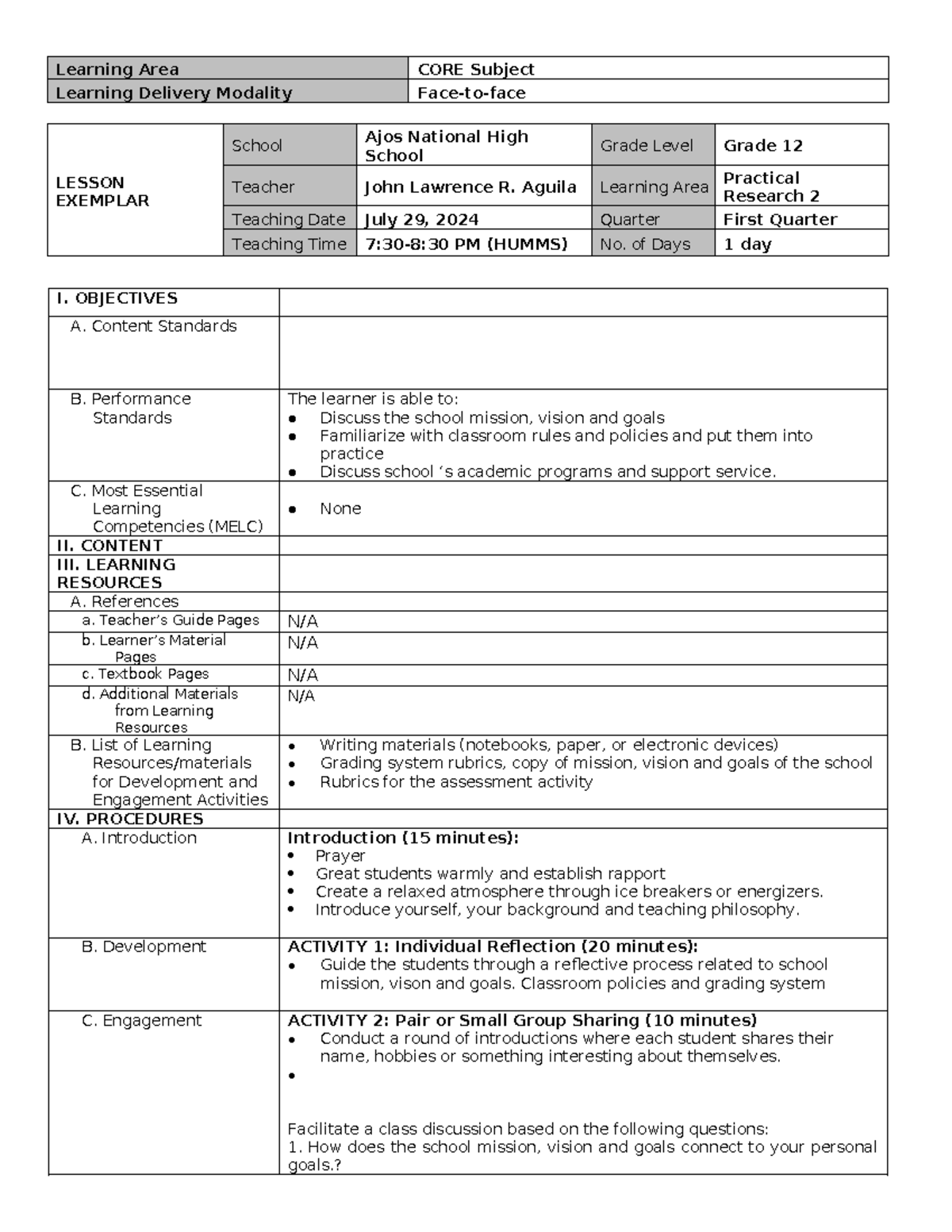 Aguila-IDEA-LE- Pract. Researc - Learning Area CORE Subject Learning ...