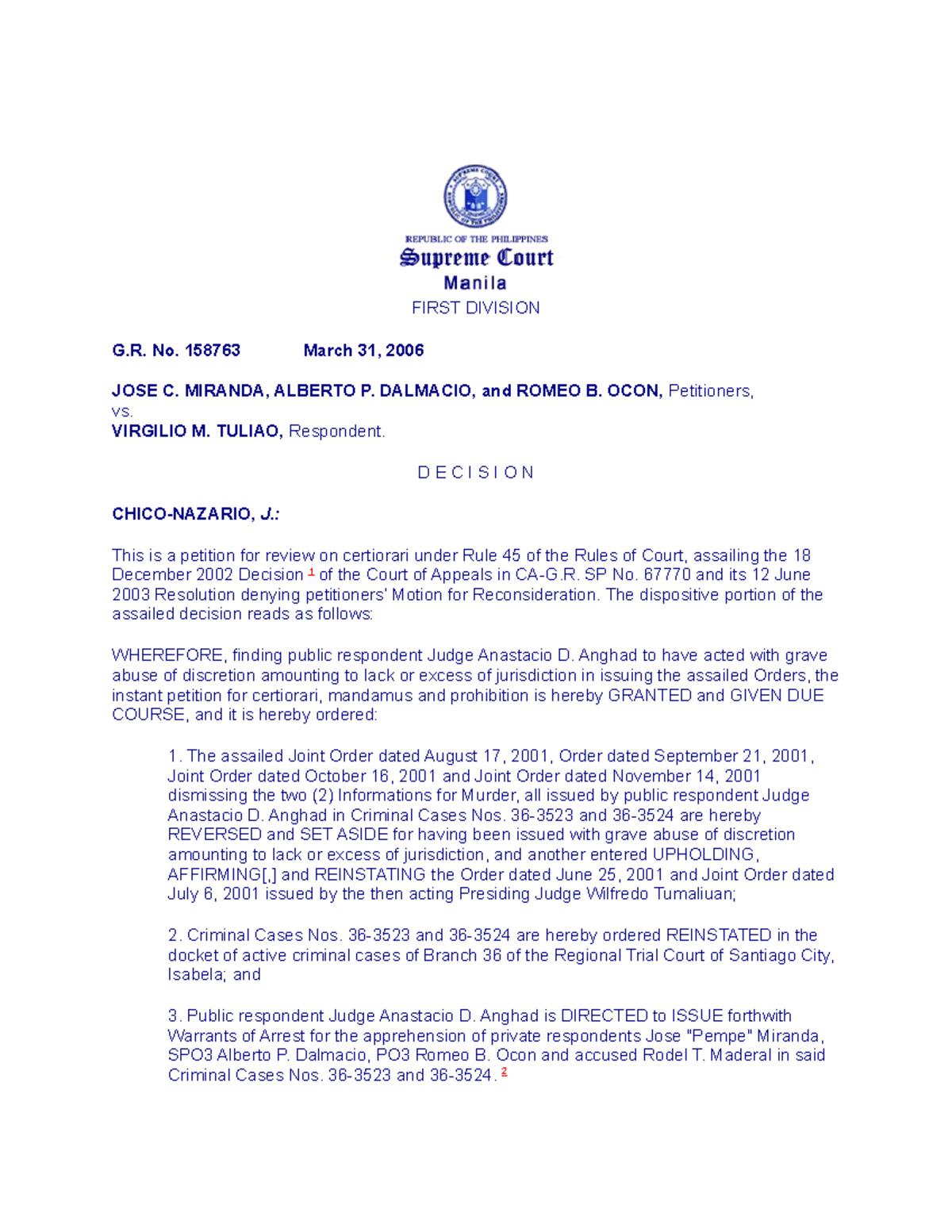 G.R. No. 158763 March 31, 2006 - FIRST DIVISION G. No. 158763 March 31 ...