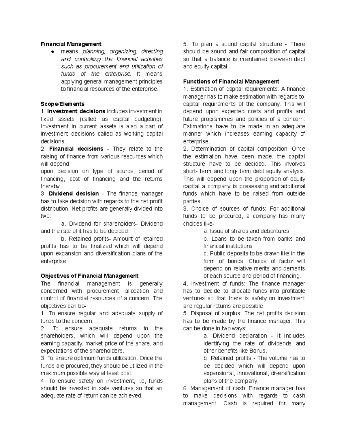 Financial Management Notes - Financial Management means planning ...