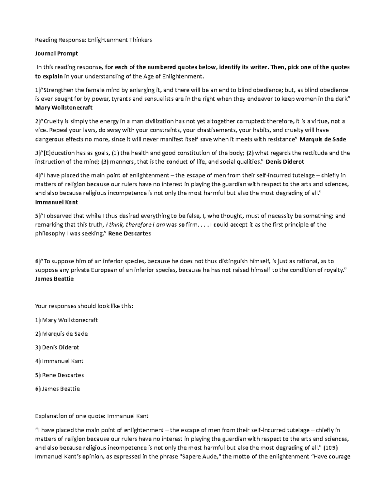 Reading Response Enlightenment Thinkers - Reading Response ...