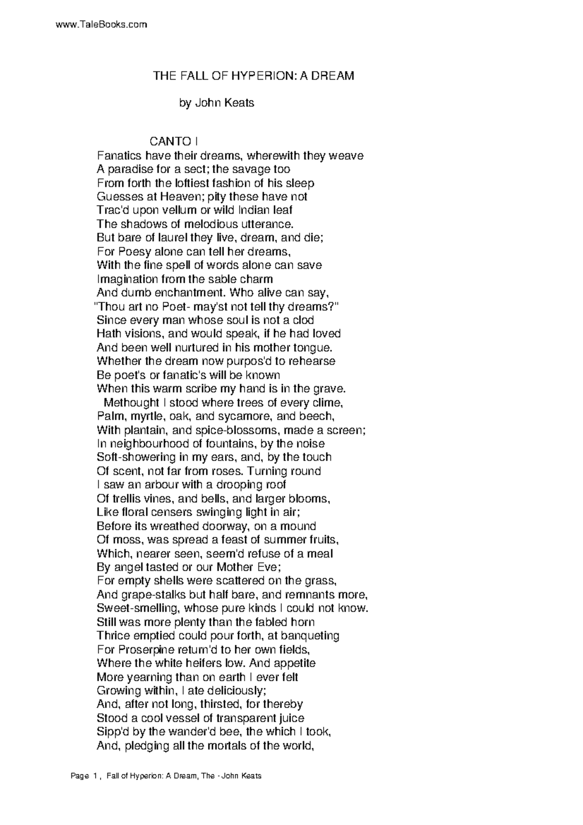 192 - Notes - THE FALL OF HYPERION: A DREAM by John Keats CANTO I ...