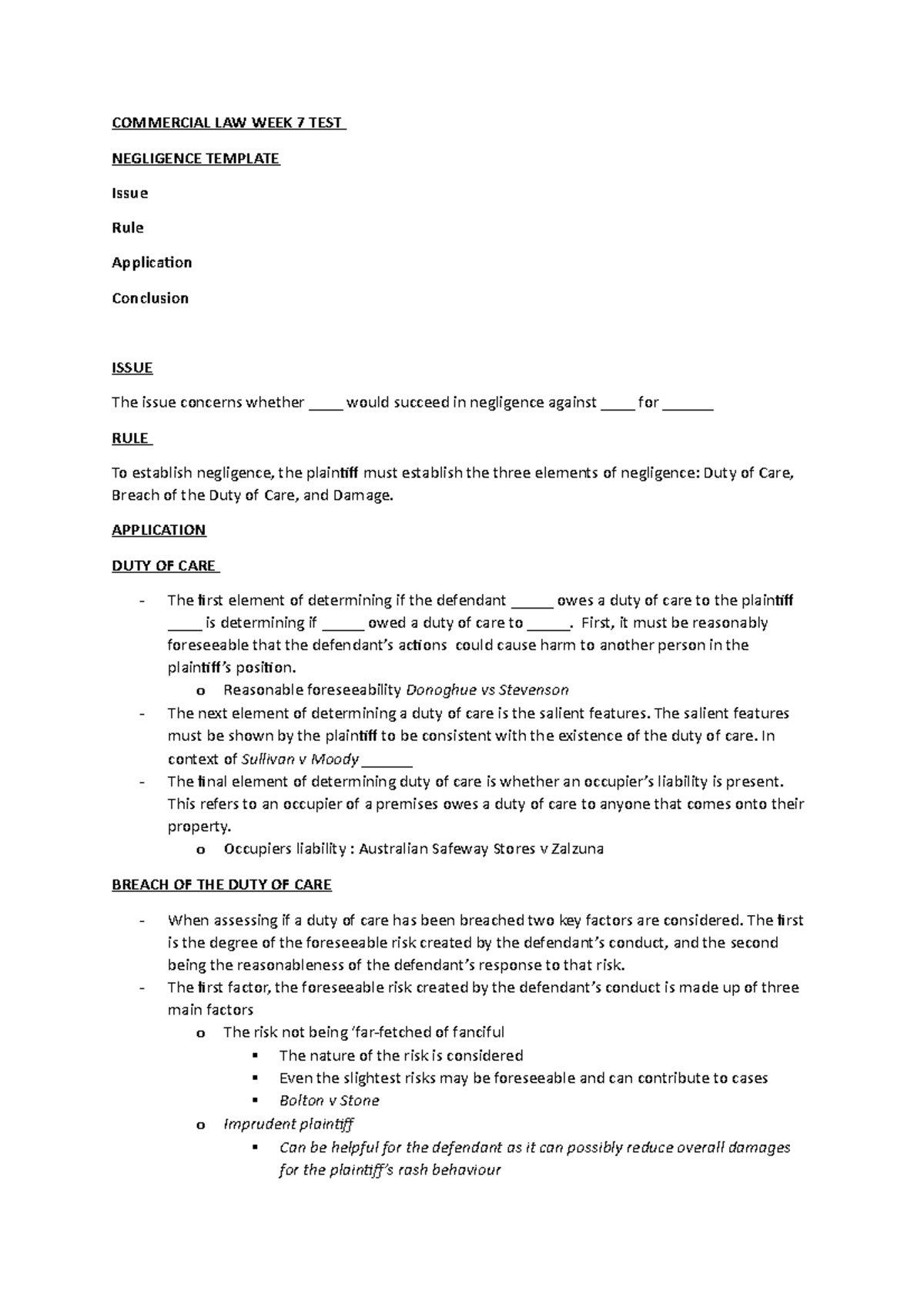 Negligence template - Lecture notes 3-4 - COMMERCIAL LAW WEEK 7 TEST ...