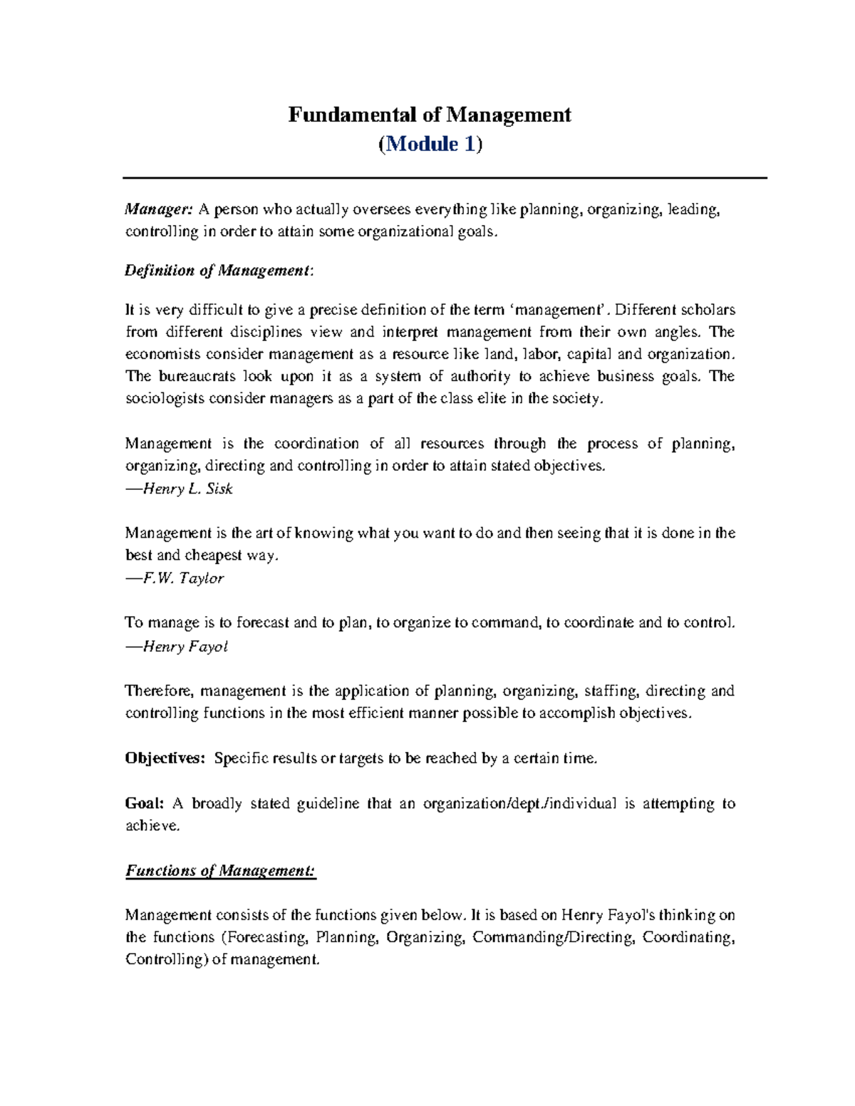 MGT 201 Midterm - CSE - Fundamental of Management (Module 1) Manager: A ...