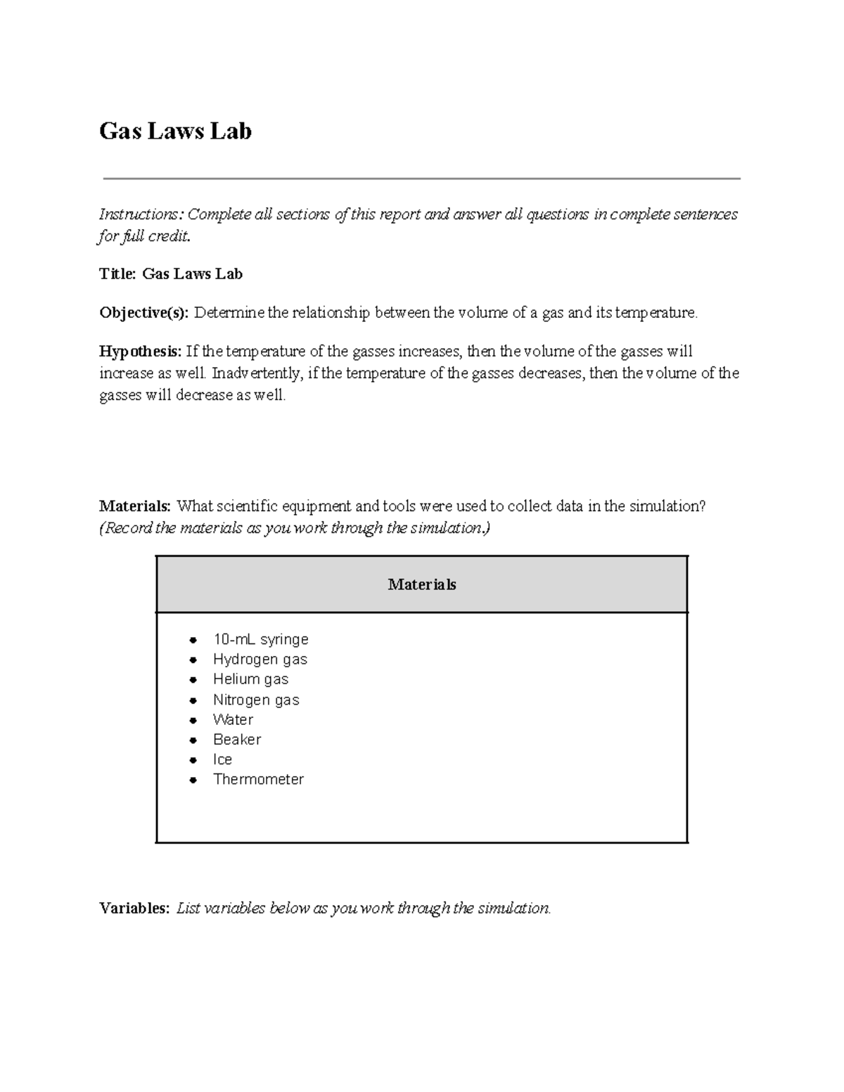 Gas Laws Lab - Gas Laws Lab Instructions: Complete all sections of this ...