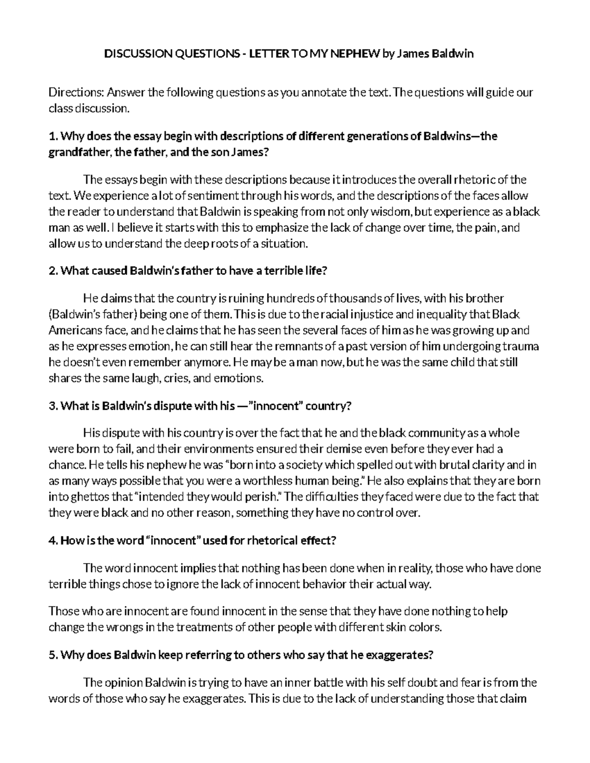 PSC Discussion Questions - Letter to My Nephew - DISCUSSION QUESTIONS ...