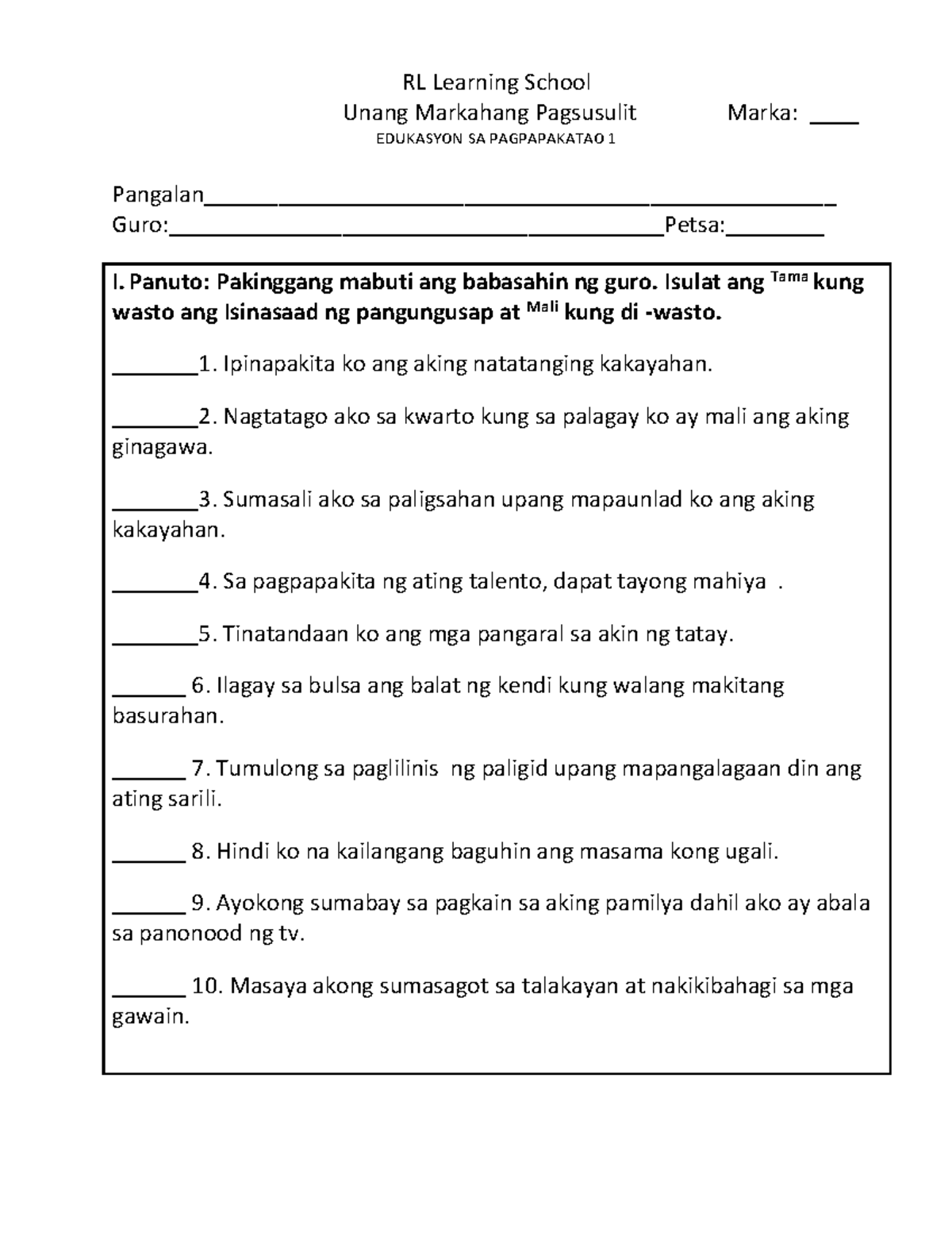 Esp for grade 1 - my first periodical exam I made for my students - RL ...