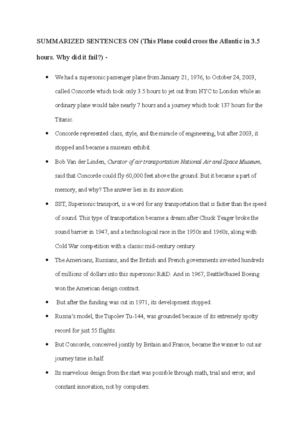 Homework (summarized sentences and paragraph on the Concorde ...