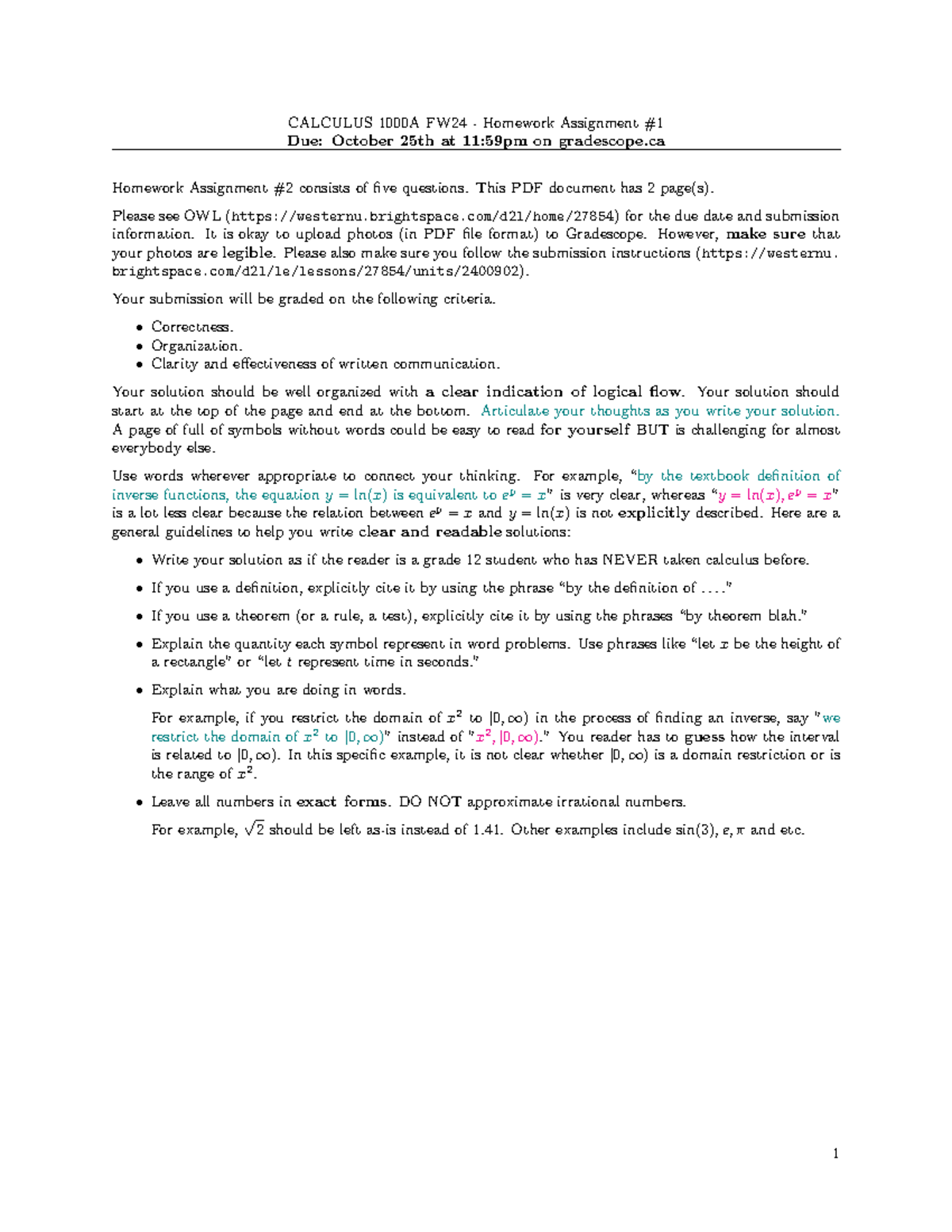 Calcassignment 2-1 - assignment 2 - CALCULUS 1000A FW24 - Homework Assignment # Due: October ...