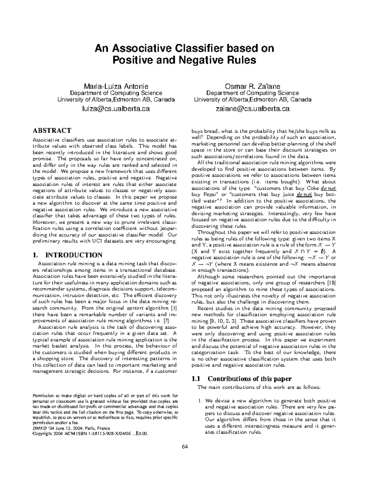 An Associative Classifier Based On Positive And Negative Rules An Associative Classifier Based