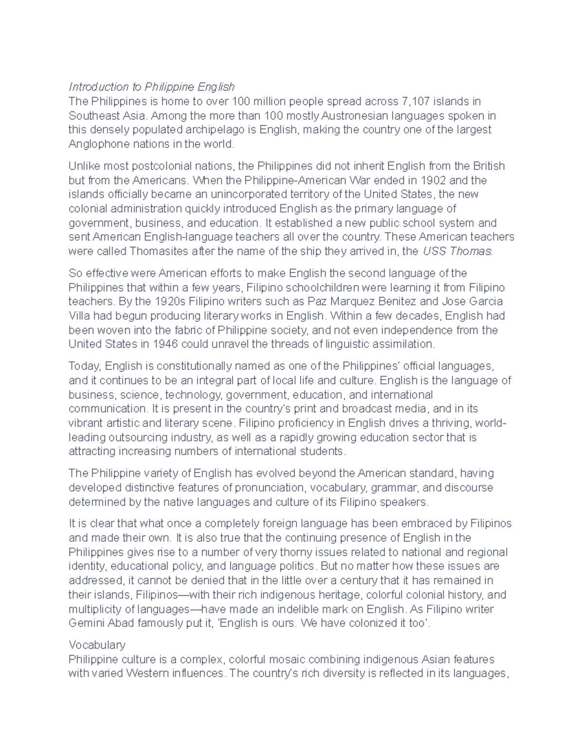 Introduction to Philippine English - Among the more than 100 mostly ...