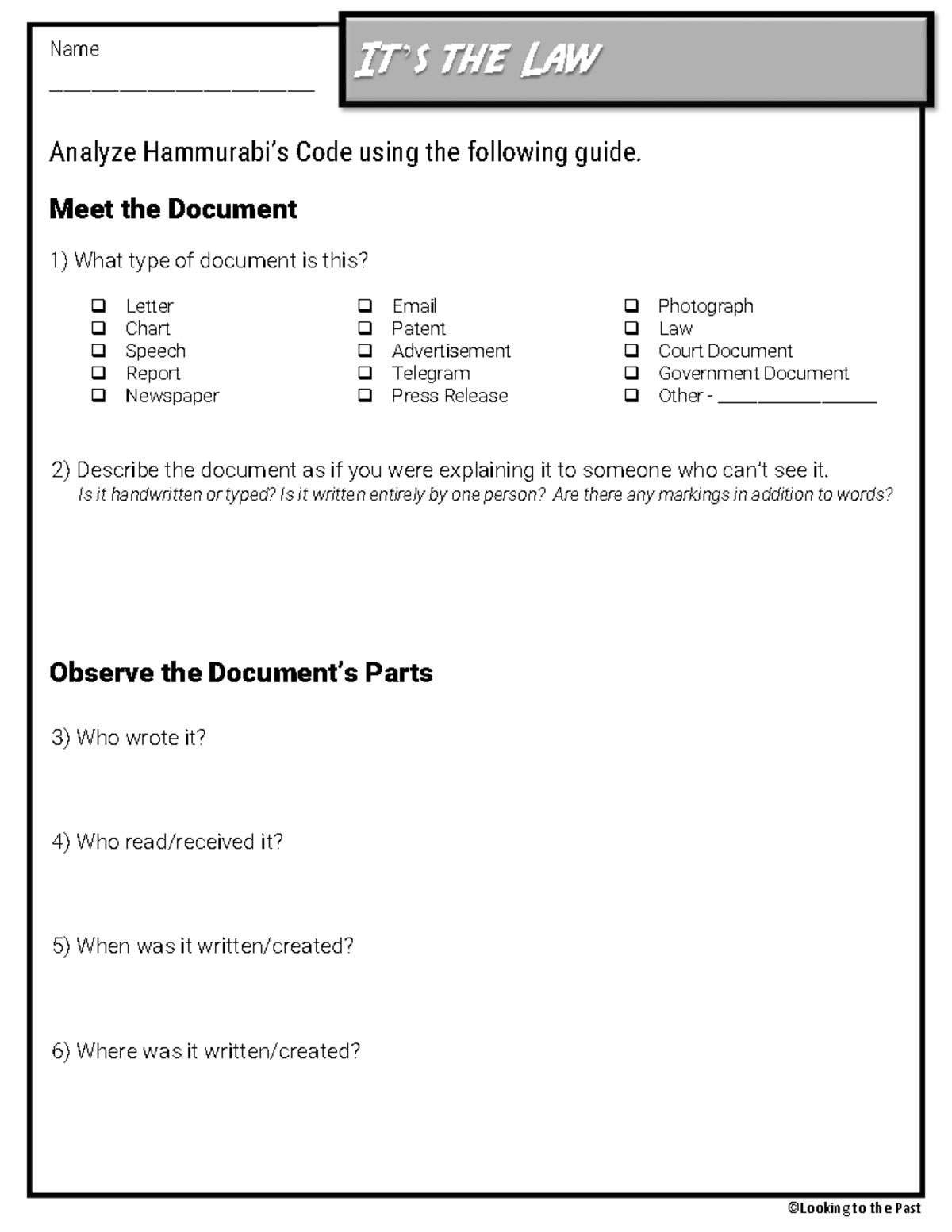 Copy of 05a. Hammurabi Document Analysis - ItItIt’ s the Law Name ...